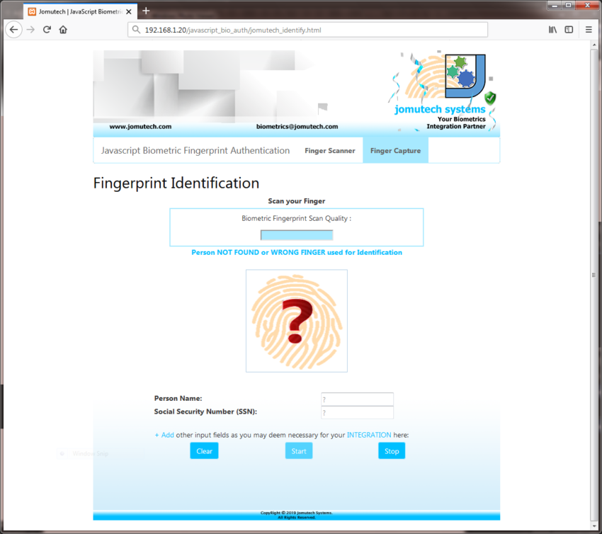 JavaScript Web Biometric Authentication and Integration