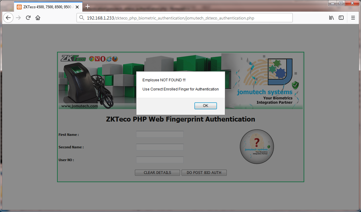 ZKTeco PHP Web Biometric Fingerprint Authentication