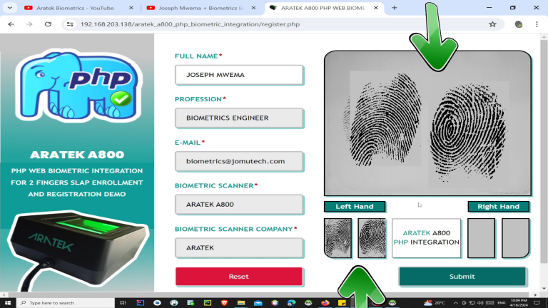 ARATEK A800 Scanner PHP Web Biometric Integration