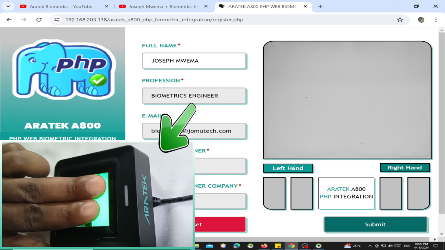 ARATEK A800 Scanner PHP Web Biometric Integration